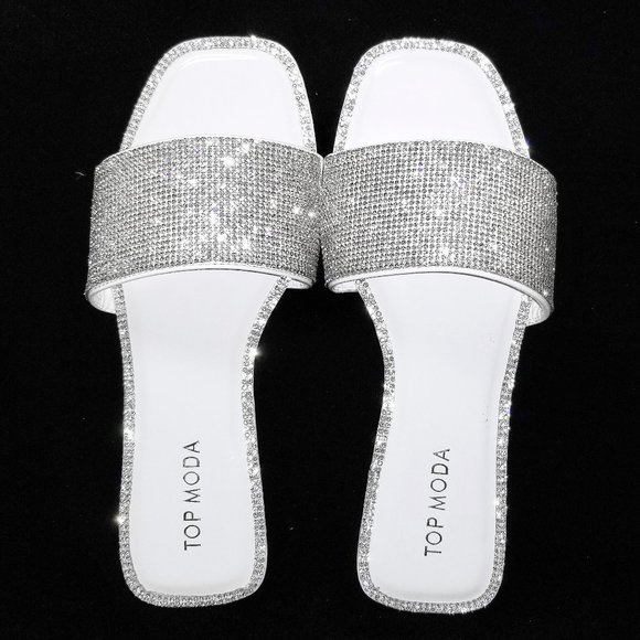 Shoes | New White Rhinestone Jewel Flat Slides Sandals | Poshmark